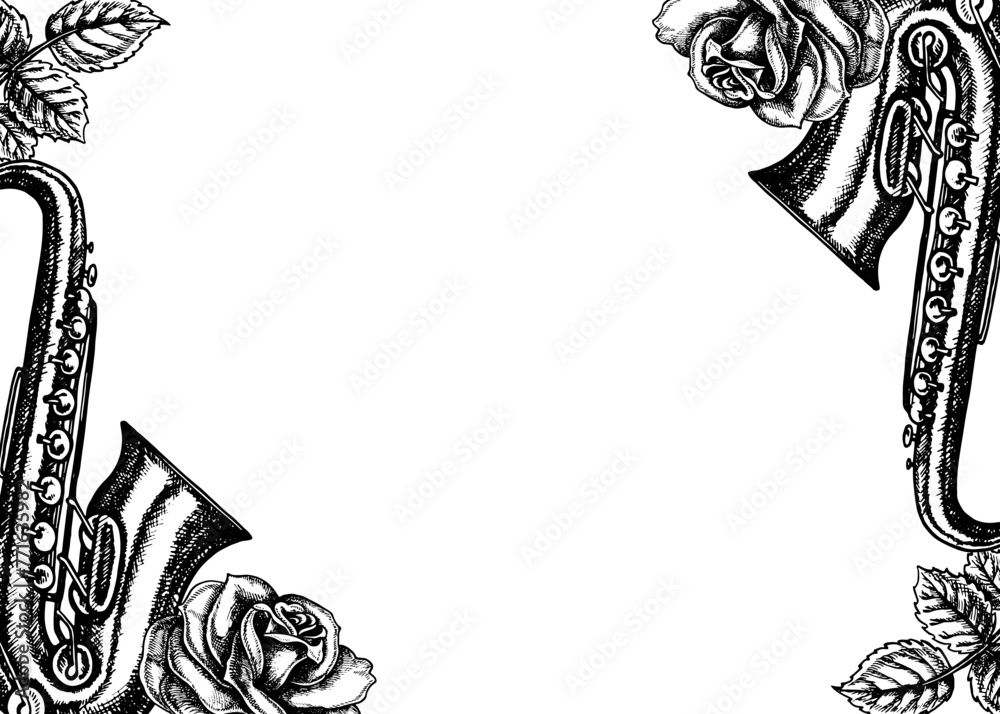 Frame with saxophone and roses, graphic vector black and white ...
