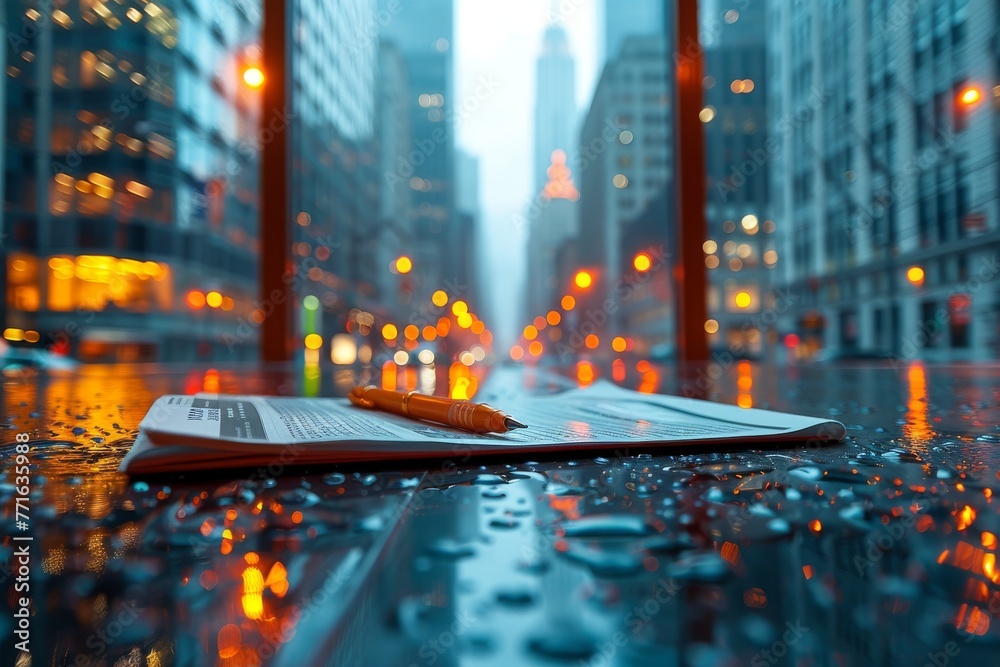 Wet documents and earnest work on a rain-soaked city avenue at twilight ...