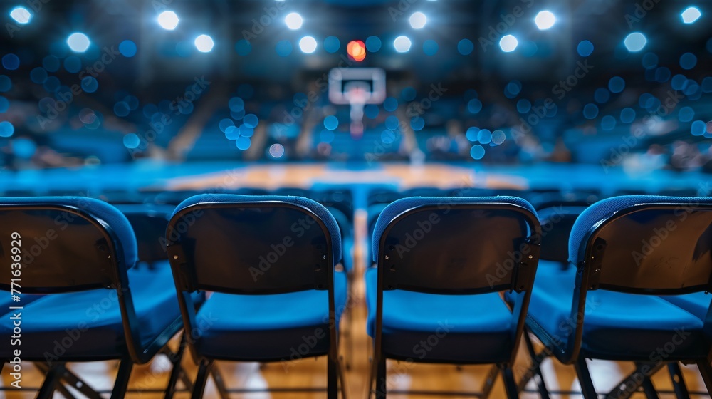 Empty seats facing an illuminated basketball court the spotlight on the ...