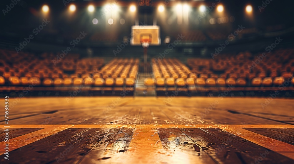 Empty seats facing an illuminated basketball court the spotlight on the ...