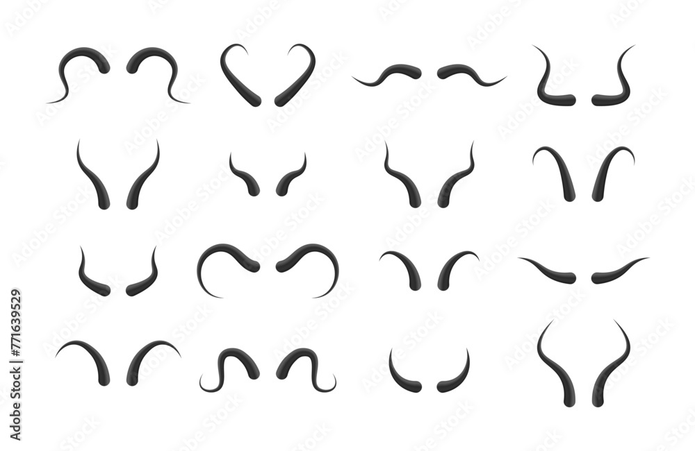 Different black ram, sheep, bull, antelope and goat big horns ...