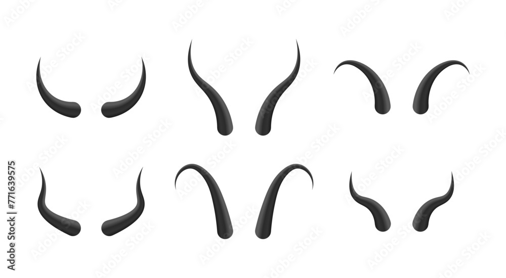 Different black ram, sheep, bull, antelope and goat big horns ...