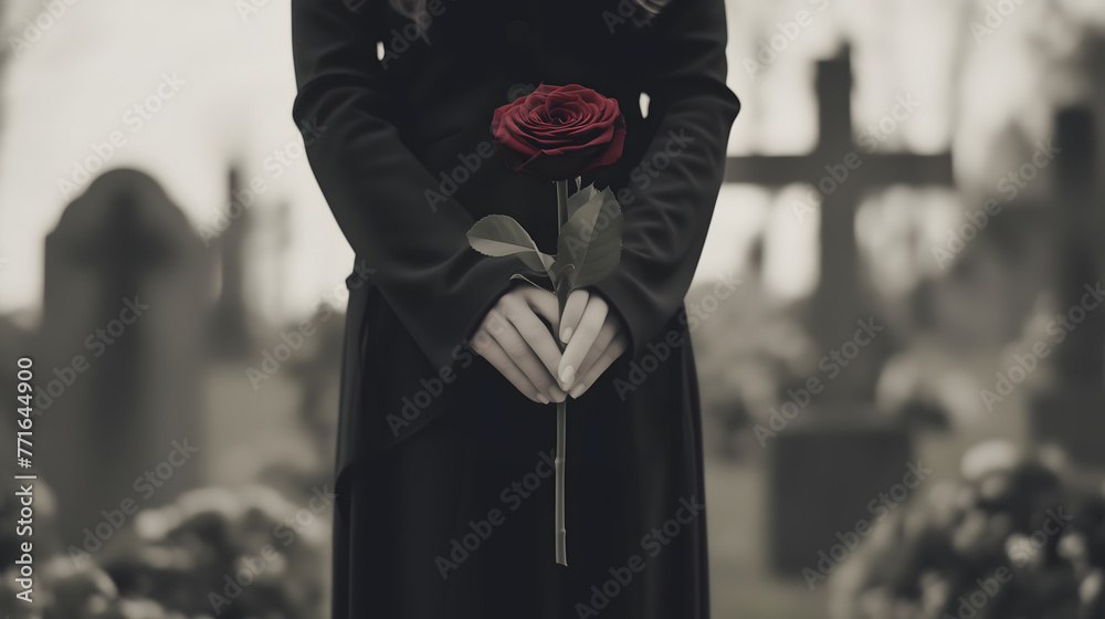 Grieving woman wearing black, mourning, holding single red rose in her ...