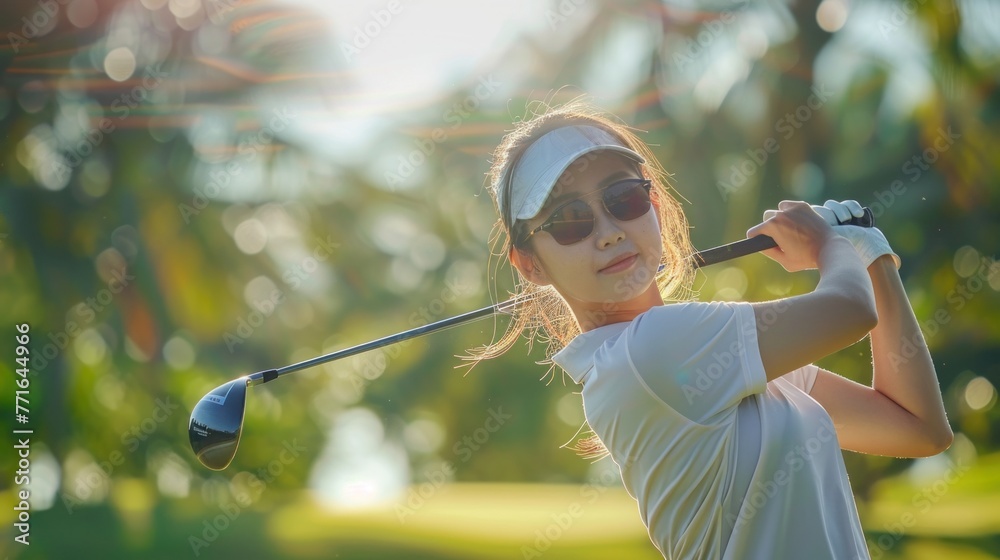 Beautiful professional woman golfer wearing sport wear in golf ...