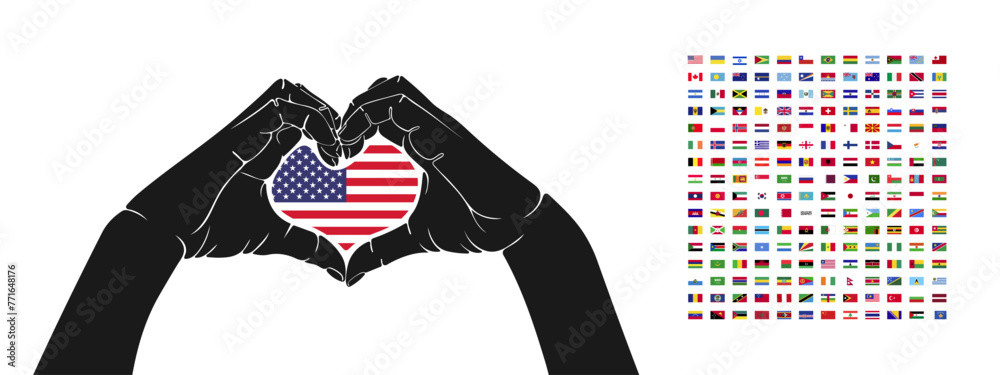 Hands show the shape of a heart. Flags of countries of the world ...