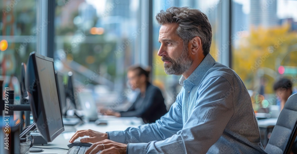 Happy office manager in an open space sitting at his desk and working ...