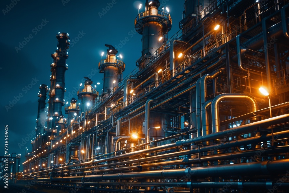 Majestic night scene of a vast industrial complex with glowing lights ...