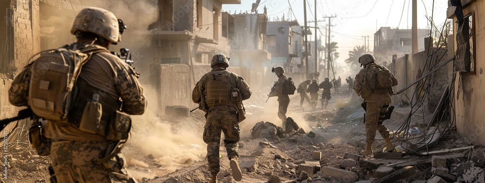 Gritty war scene with soldiers in a tense standoff in a war torn city ...