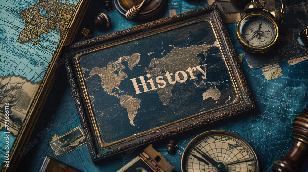 "History" scribed in an antique-style chalk script on a chalkboard ...