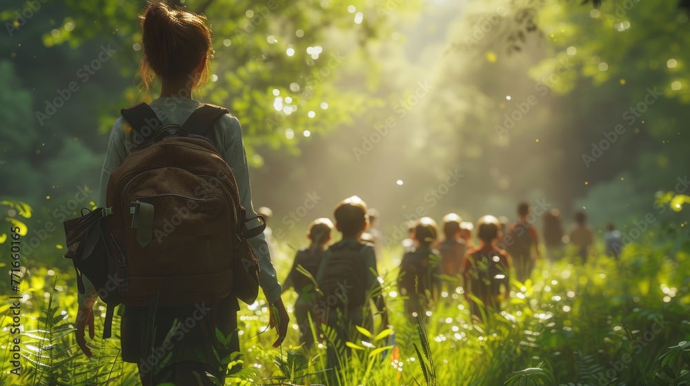 Adventure in the Woods, teacher leads a group of children on an ...
