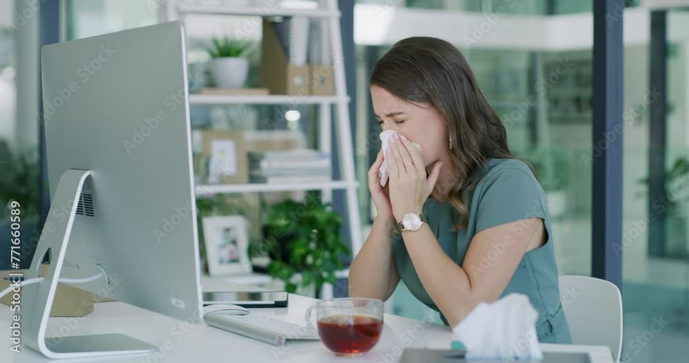 Sick business woman, tissue and blowing nose by computer for virus ...