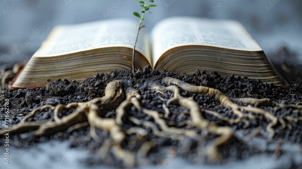 A single, pristine image of a book with roots delving deep into the ...
