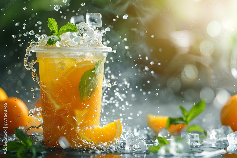 A plastic cup filled with orange juice, visible ice cubes, background ...