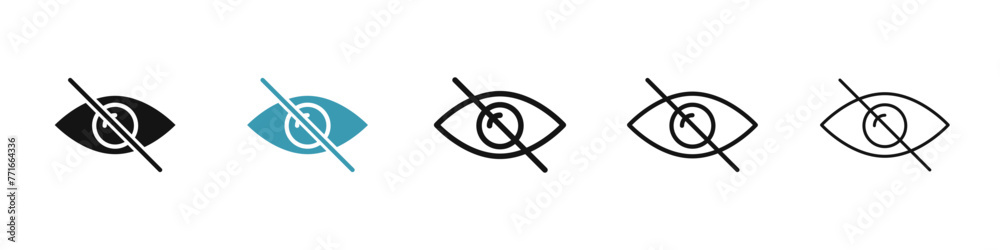 Eye crossed line icon set. blind view sign. hidden content pictogram ...