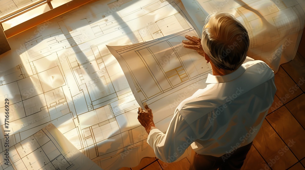 An architect inspects a building site while reviewing blueprints ...