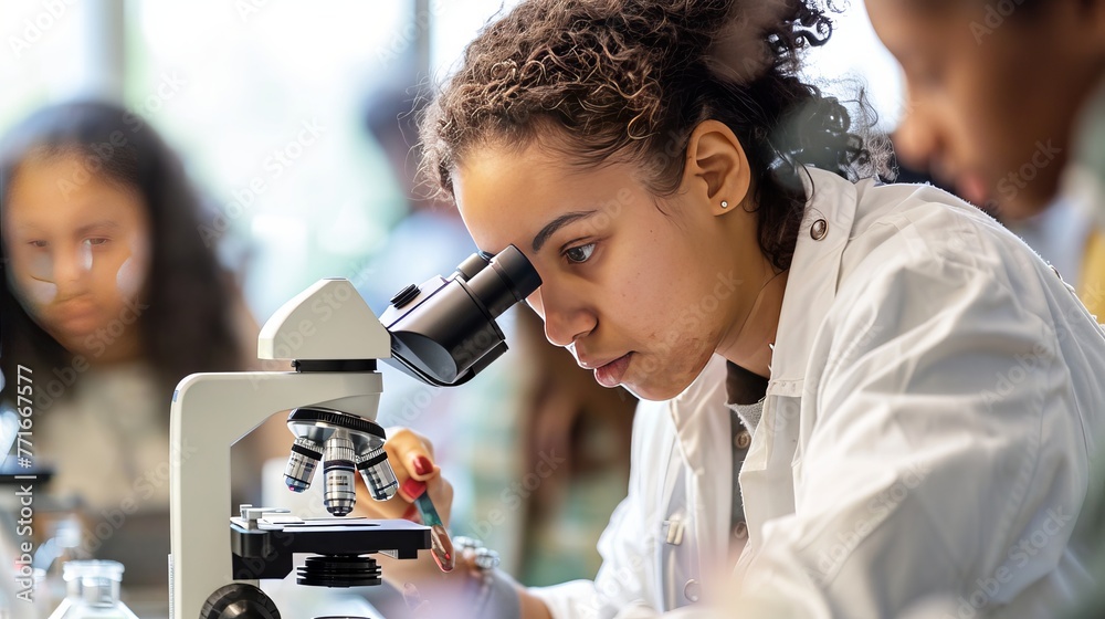 College students use a microscope in a science lab. A focused student ...