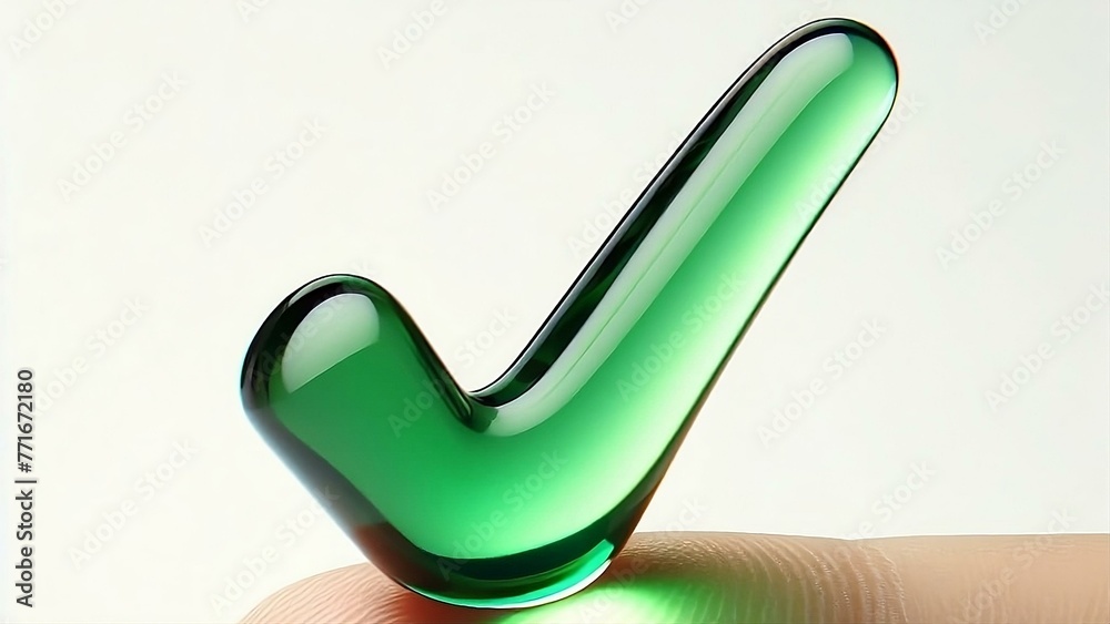 Tiny 3d graphic of a green tick mark symbol on a finger, on a white ...