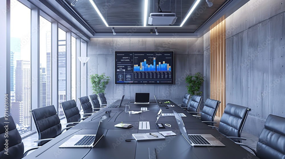 Empty meeting room featuring a large conference table laden with ...