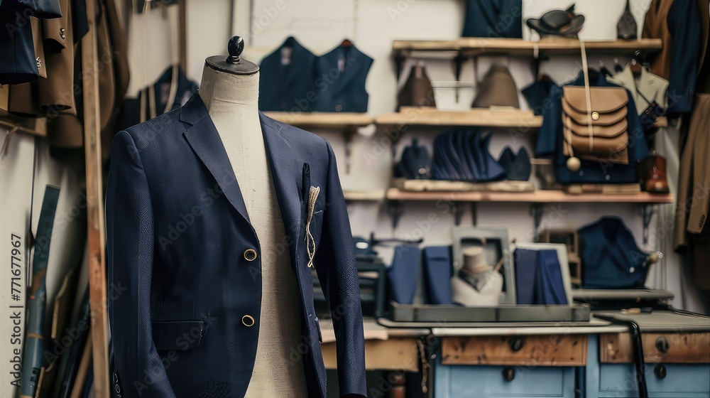 A new stylish suit on a mannequin awaits its customer in the atelier ...