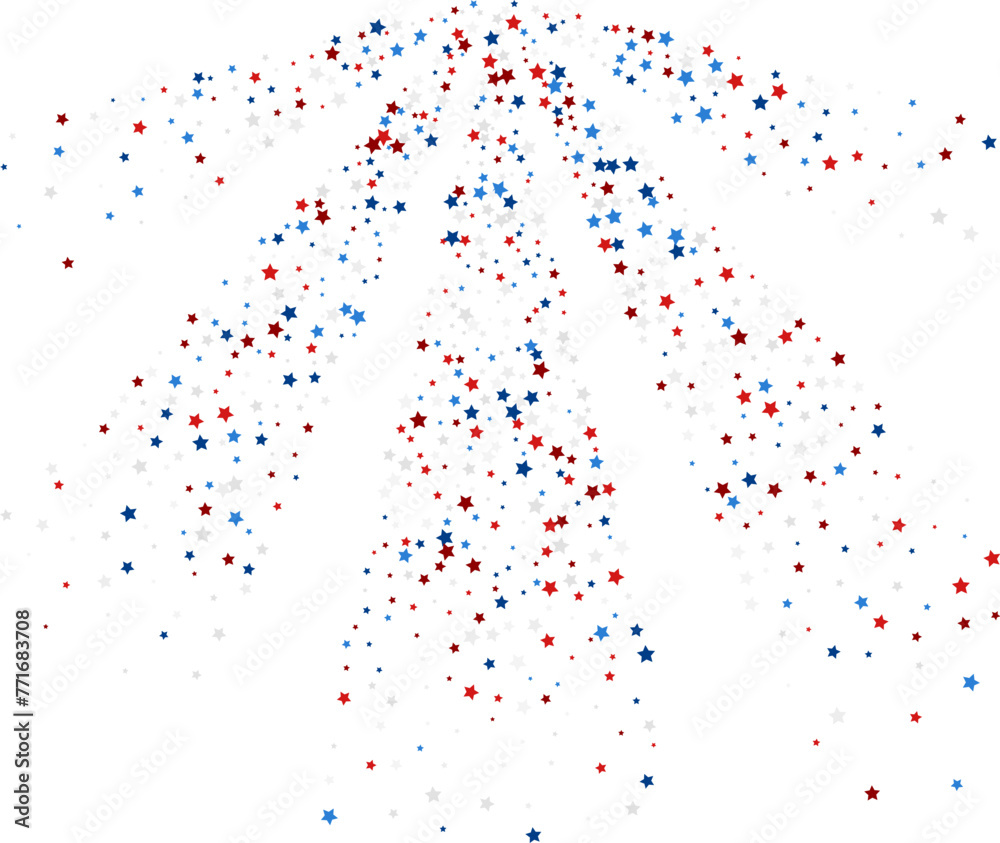 Blue and red stars confetti decoration. Rays from falling sparklers ...