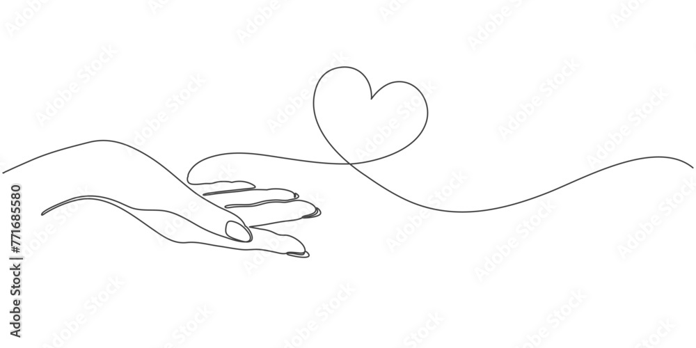 Hands holding heart continuous one line art drawing. Charity donation ...
