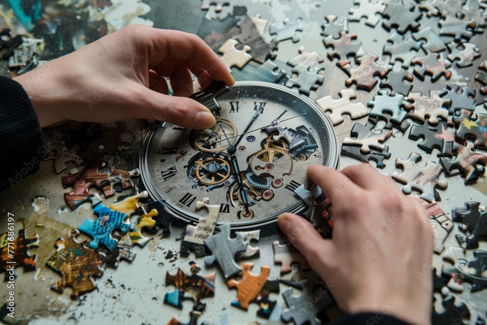 Process of piecing together and completing puzzle jigsaw, where each ...