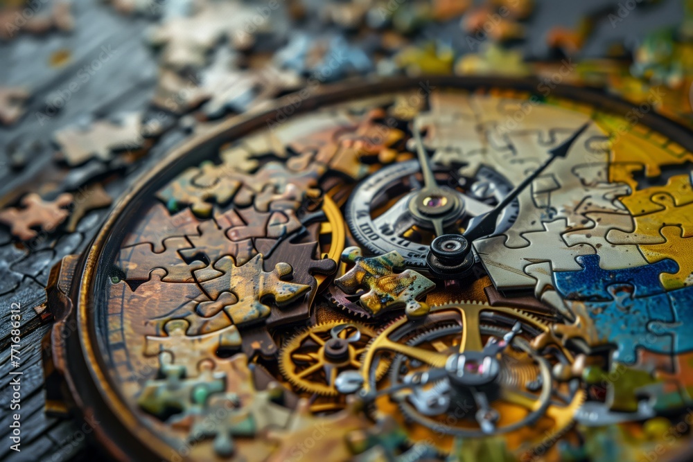 Process of piecing together and completing puzzle jigsaw, where each fragment represents a part ...