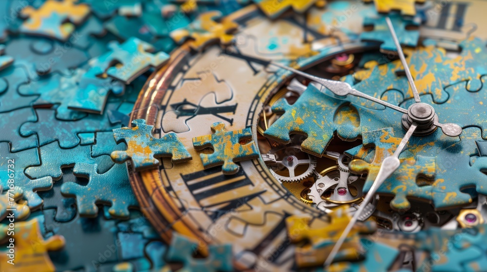 Process of piecing together and completing puzzle jigsaw, where each ...