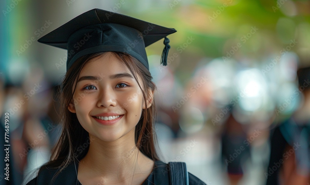 Student graduate asian girl on the university blurred background ...