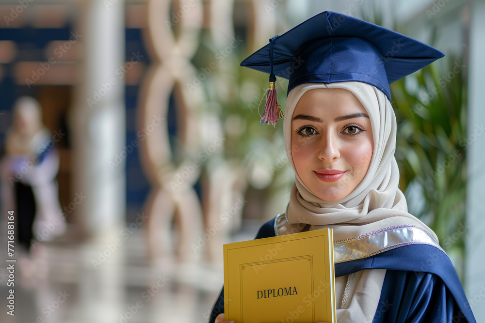 Student graduate Turkish girl in hijab with a diploma on the university ...