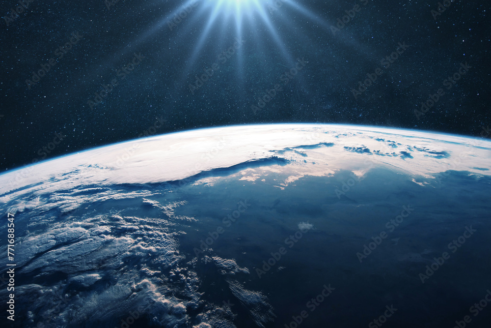 Amazing blue planet earth with ocean and clouds with sun light in open ...