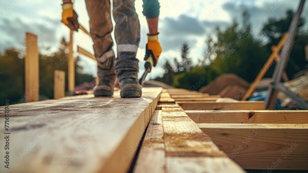Cropped photo of a construction worker on the house carcass for ...