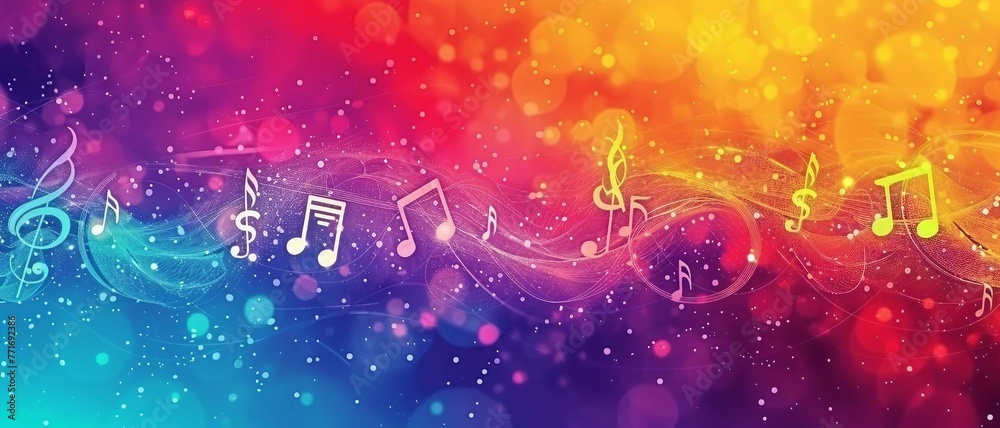 music background with iconic music symbols. on a vibrant rainbow ...