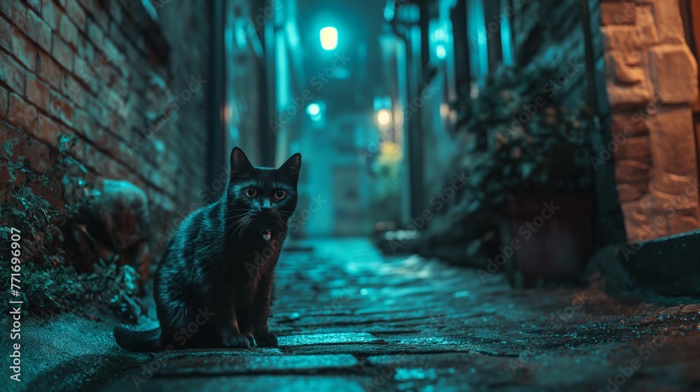 Mysterious cat in alley, moody lighting, nighttime, low angle Stock ...