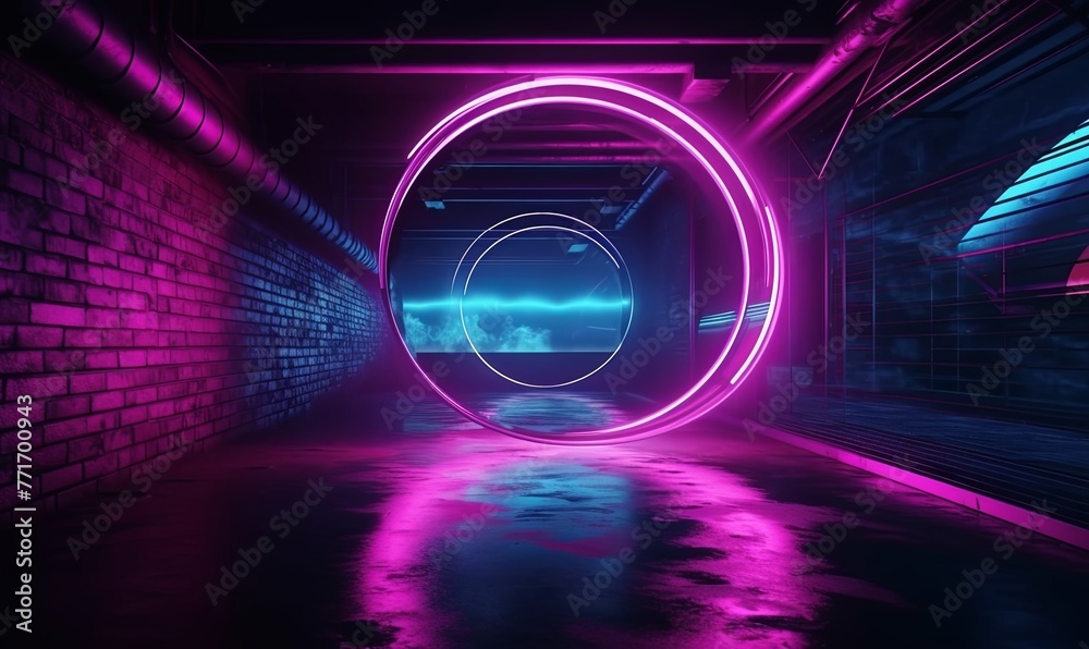 Neon sewer tunnel with round portals background. Brick 3d cyber room ...