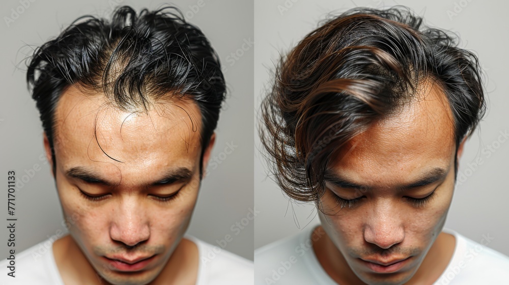 before and after hair loss treatment, man's head. The left side shows ...