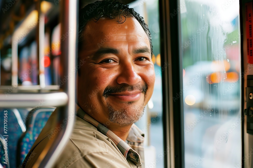 Cheerful man seated on a bus with window reflections and city street in ...