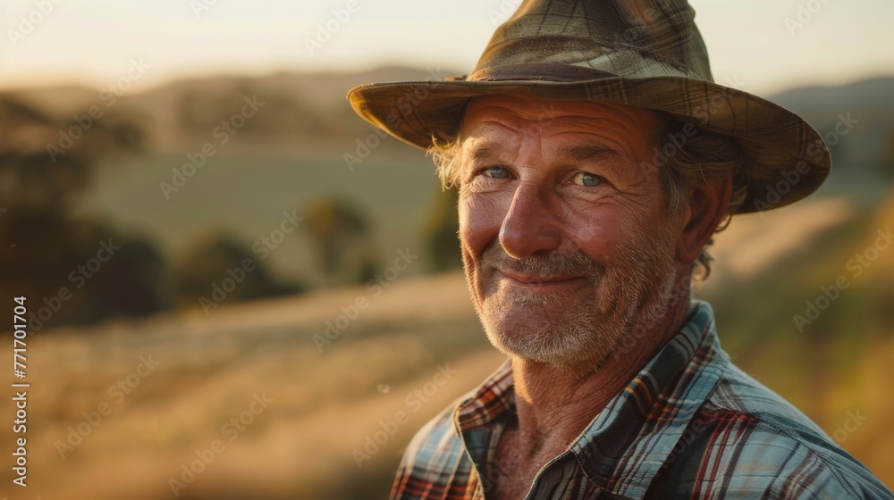 We see happy, smiling 45-year-old rural Australian farmer, with slight ...