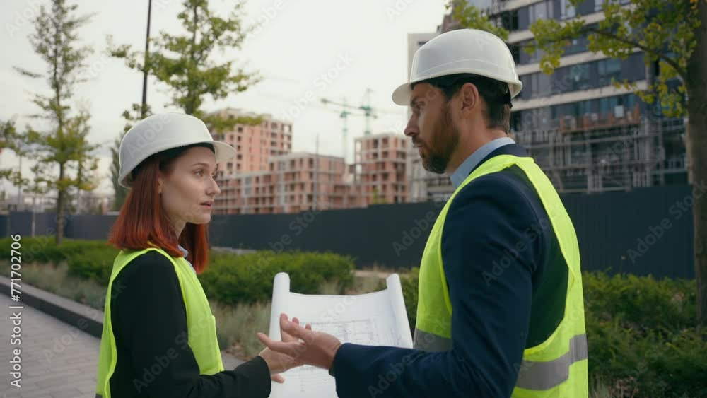 Two contractors civil engineers checking information in blueprint ...