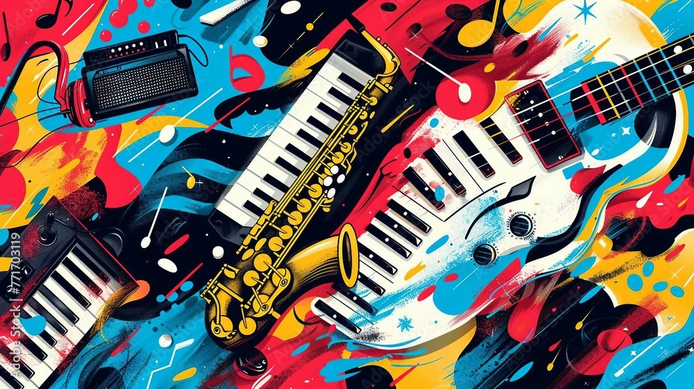 colorful music-themed background with stylized musical icons ...