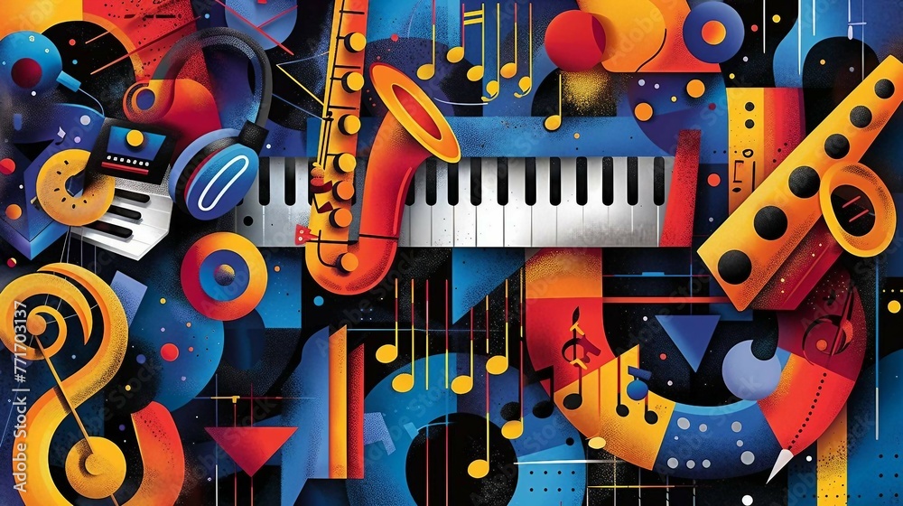 colorful music-themed background with stylized musical icons ...