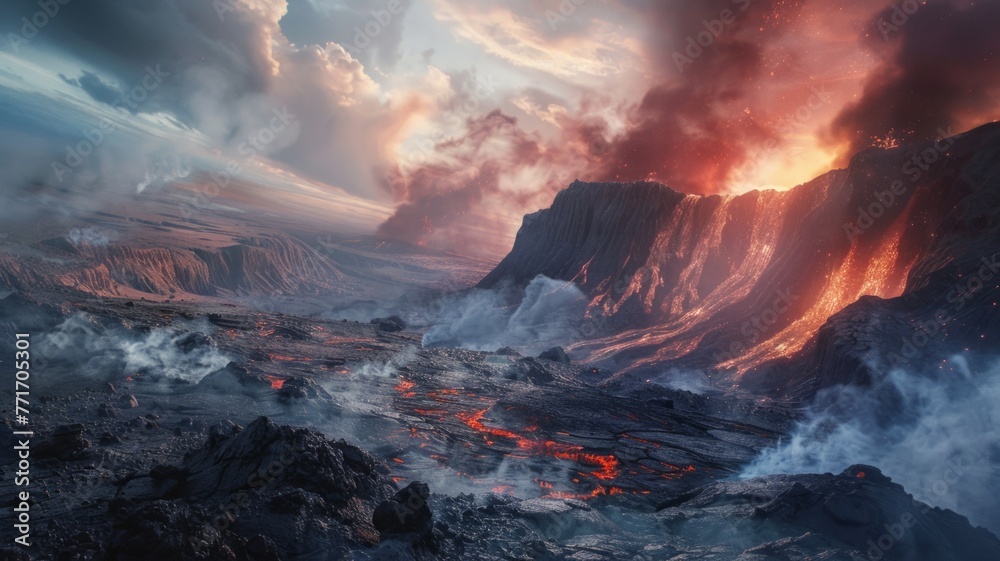 Epic volcanic eruption landscape under gloomy skies - This striking ...