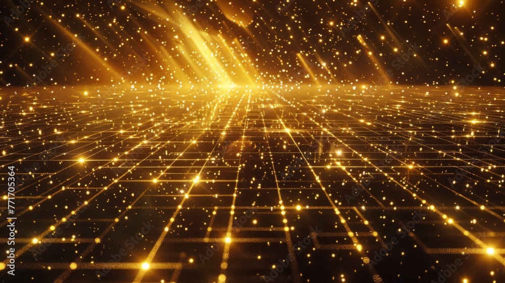 Golden grid lines with light flares on black - A digital illustration ...