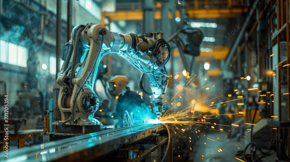 Industrial robot arm performing precise welding - A detailed shot of an ...