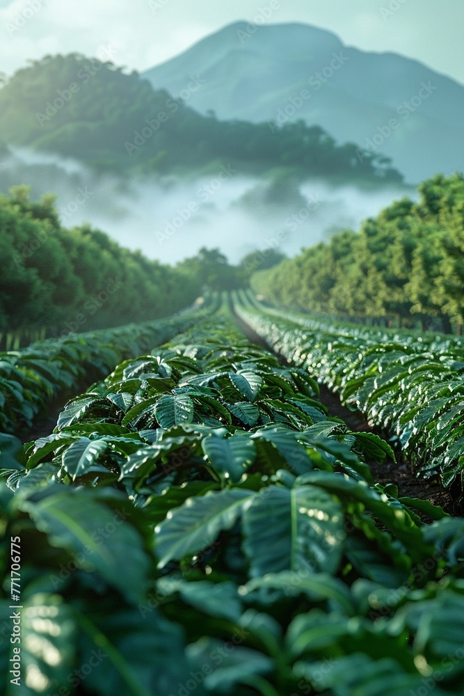 Coffee plantation, panoramic view, bean to cup for a rich food industry ...