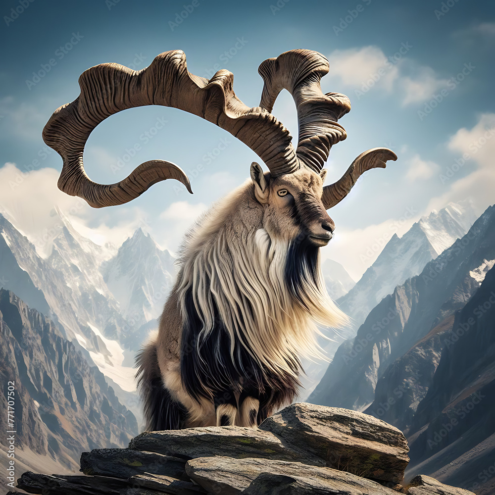 Markhor, Capra falconeri, wild goat native to Central Asia, Karakoram ...