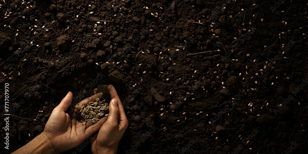 Person sowing seeds in fertile soil represents growth and abundance in ...