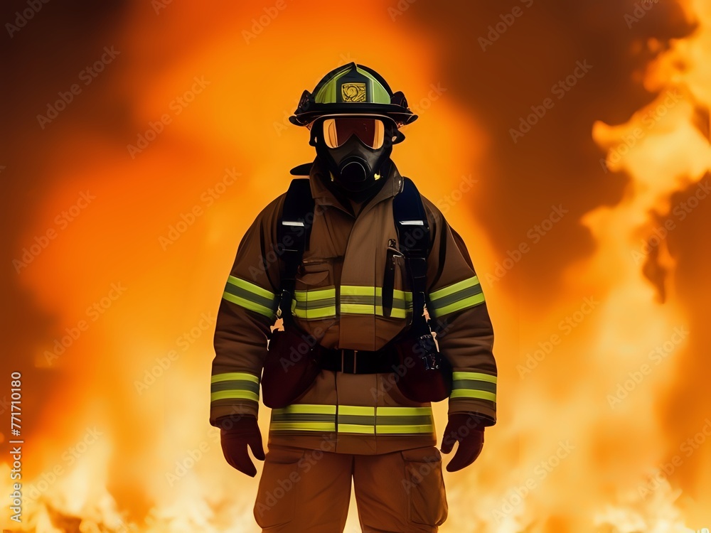 Portrait of a firefighter in front of explosive fire wearing ...
