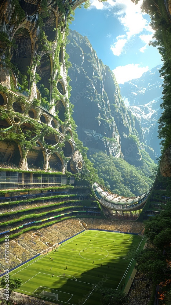 A soccer stadium embraced by nature, with living architecture. The ...