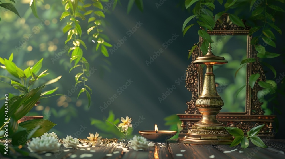 Elements of the Vishu festival, including a traditional brass lamp ...